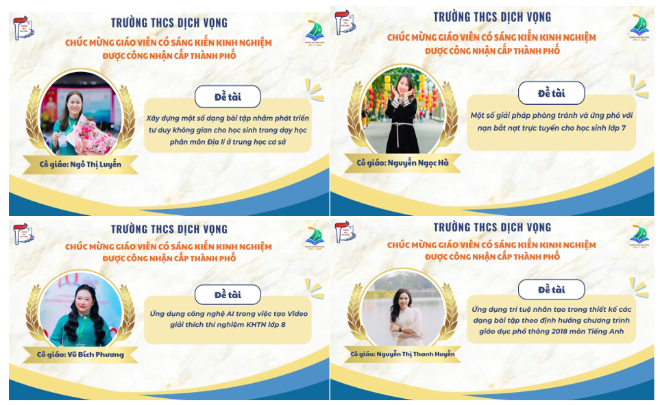 VINH DANH 4 CÔ GIÁO TIÊU BIỂU CỦA TRƯỜNG THCS DỊCH VỌNG ĐẠT SÁNG KIẾN ...